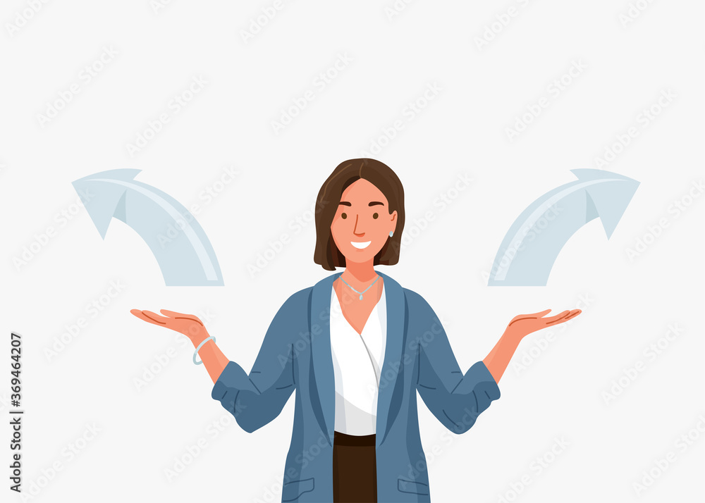 Choice vector background. Happy young business woman comparing variants ...