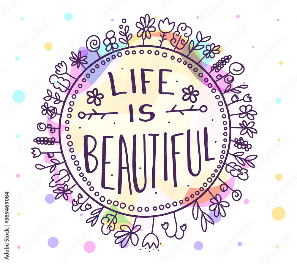 Vector color illustration of beautiful floral wreath with many simple ...