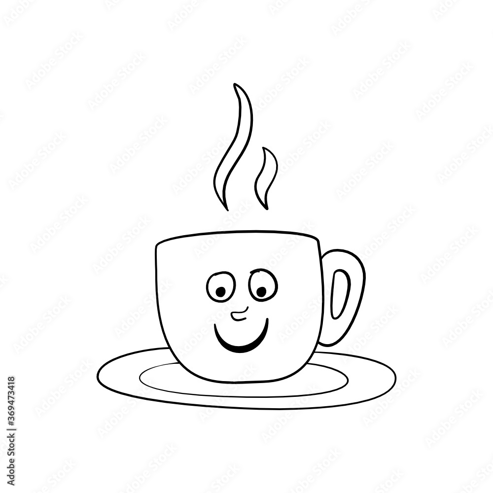 Hot happy cup of coffee or tea with smile face. Simple childish cartoon ...