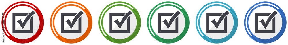 Correct, check box icon set, flat design vector illustration in 6 ...