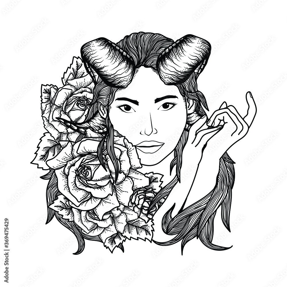 Tattoo And T Shirt Design Black And White Hand Drawn Devil Girl And