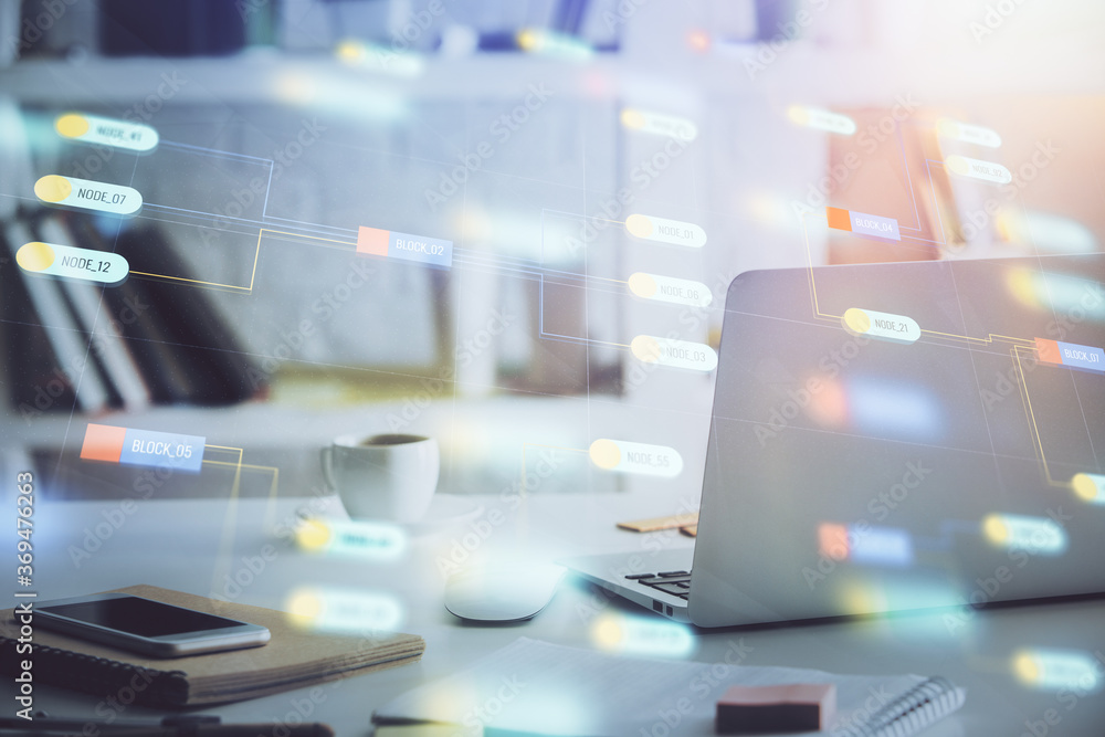 Technology theme drawing and work space with computer. Multi exposure ...