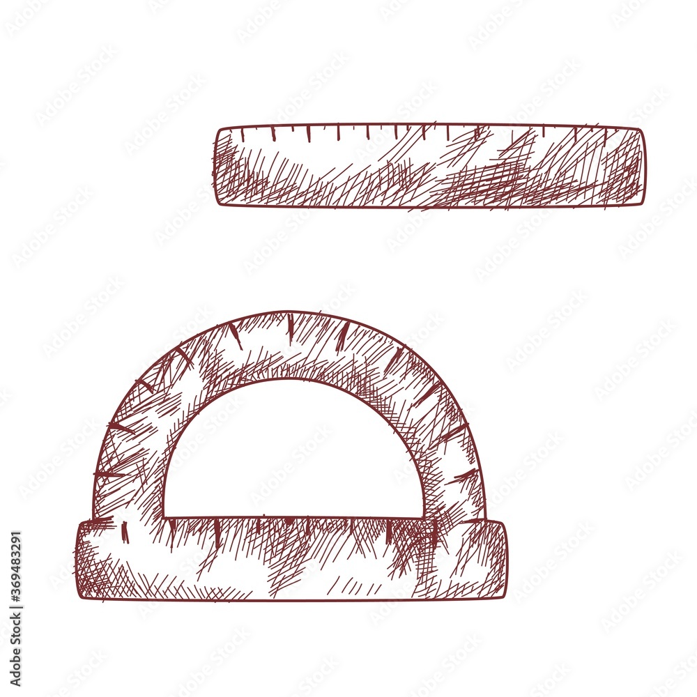School supplies. Ruler and protractor in the style of a hand drawing ...