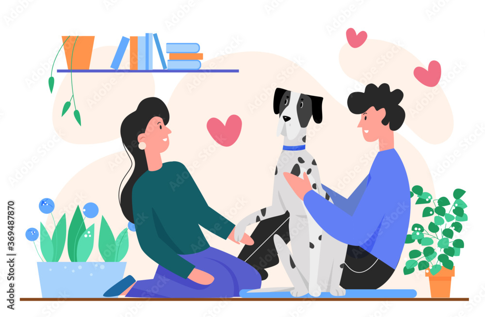 People owner with dog vector illustration. Cartoon flat happy young man ...