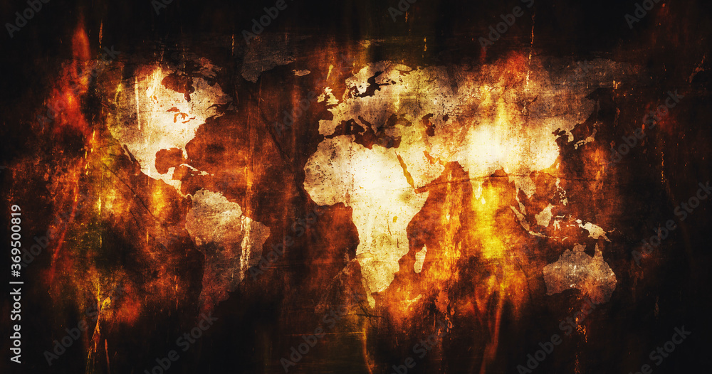 World map burning in blazing fire and flames 3D Rendering Stock ...