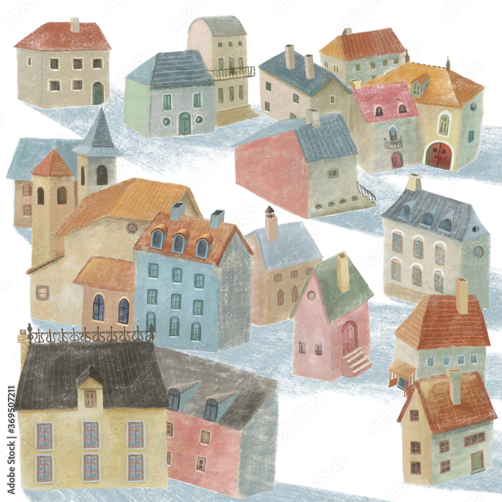 Hand-drawn illustration of the small village with 3d perspective houses ...
