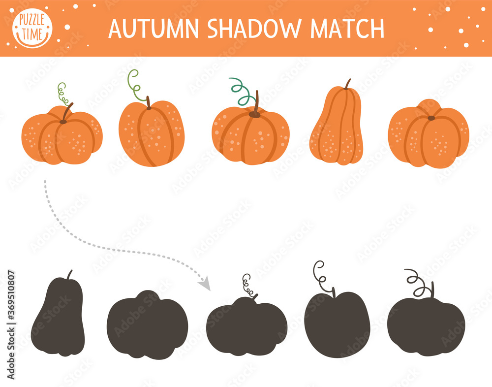 Autumn shadow matching activity for children. Fall season puzzle with ...