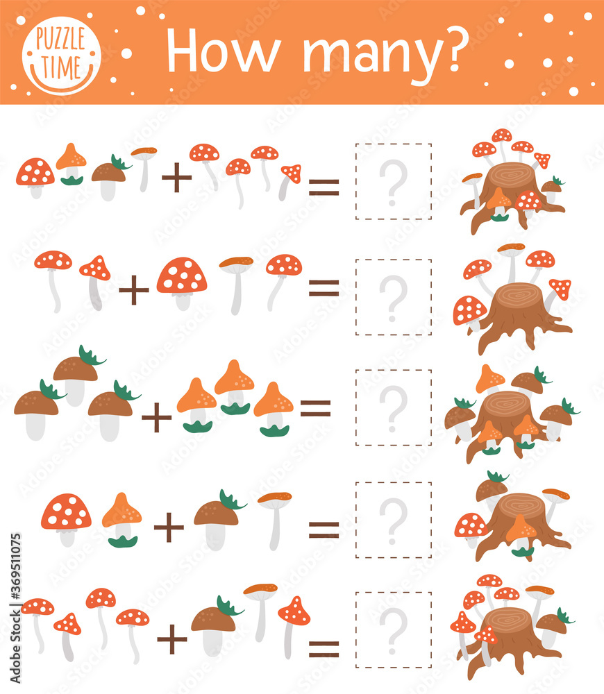 Counting game with mushrooms and tree stump. Autumn activity for ...