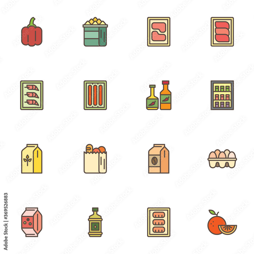 Grocery products filled outline icons set, line vector symbol ...