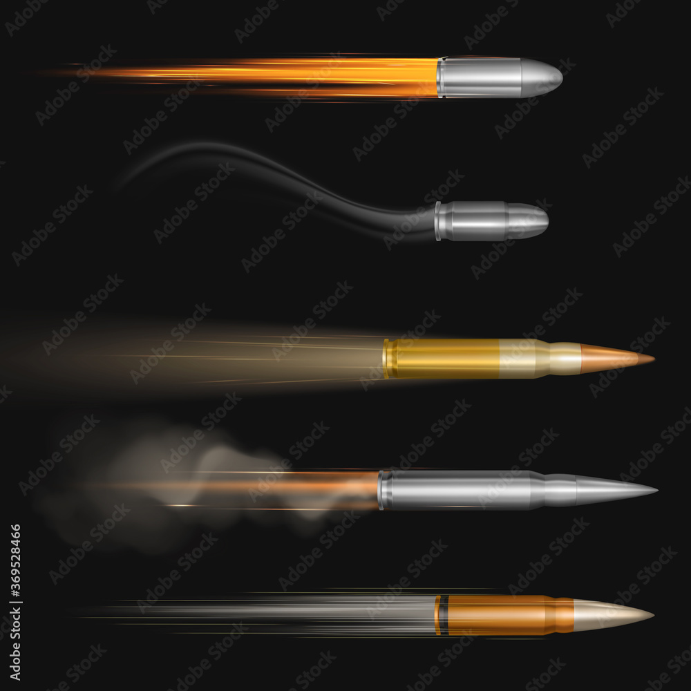 Flying bullets with fire and smoke traces. Shooting military handgun ...