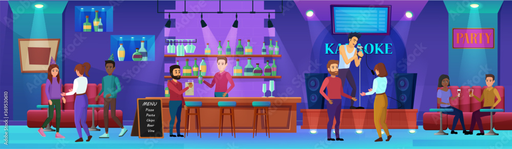 Karaoke nightlife bar vector illustration. Cartoon flat man woman ...