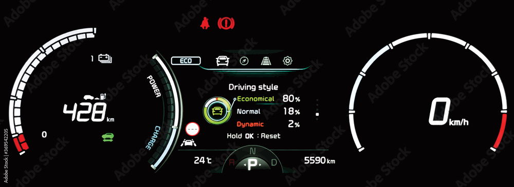 Illustration of modern LCD instrument cluster with driving style ...