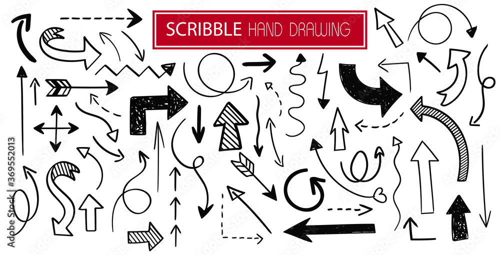 Big set black scribble arrows icons in hand drawn style. Doodle arrow ...