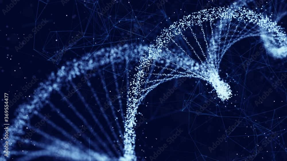 Abstract DNA 3D animation on dark blue background. Hologram blue ...