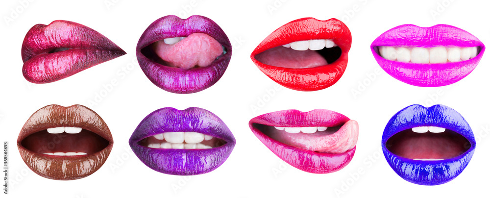 Set or collage female lips with different color of lipsticks on the ...