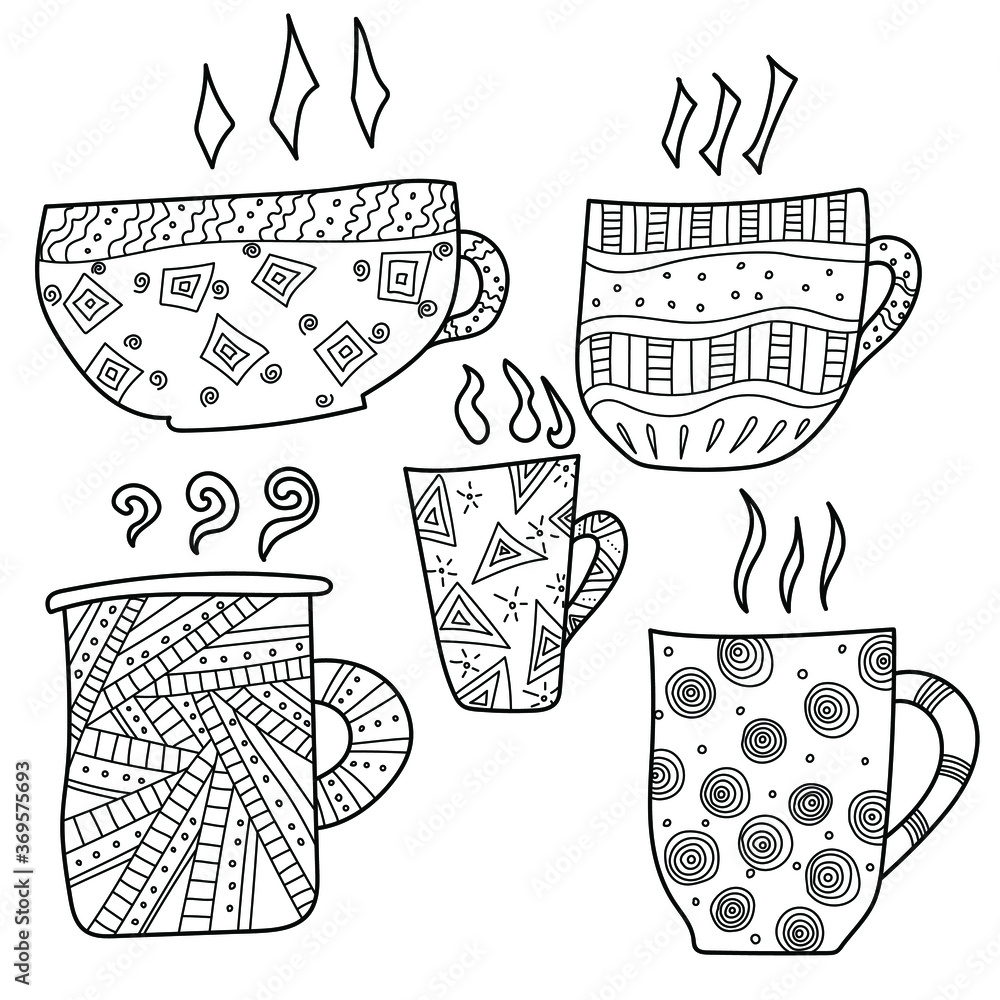 Set of outline cup with fantasy pattern, coloring page with hot drinks ...