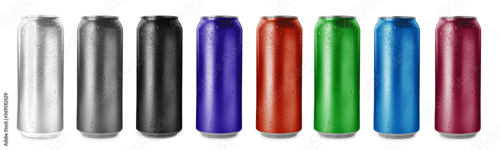 Set with aluminium drink cans in different colors on white background ...