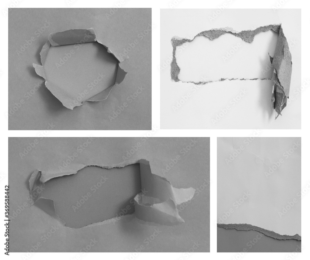 Set of torn old hole paper texture on white background, copy space ...