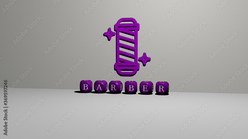 3D representation of BARBER with icon on the wall and text arranged by ...