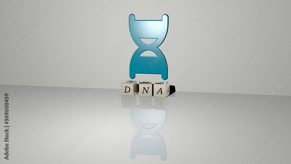 3D illustration of dna graphics and text made by metallic dice letters ...