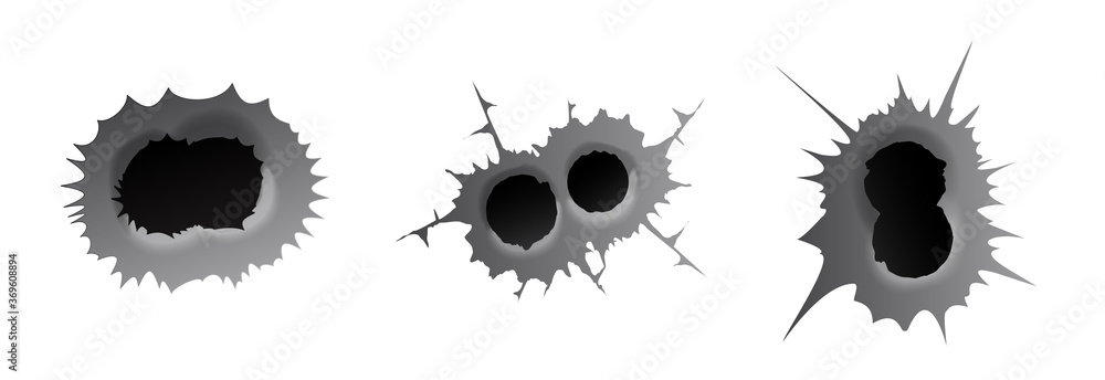 Bullet double hole on white background. set of double realisic metal ...