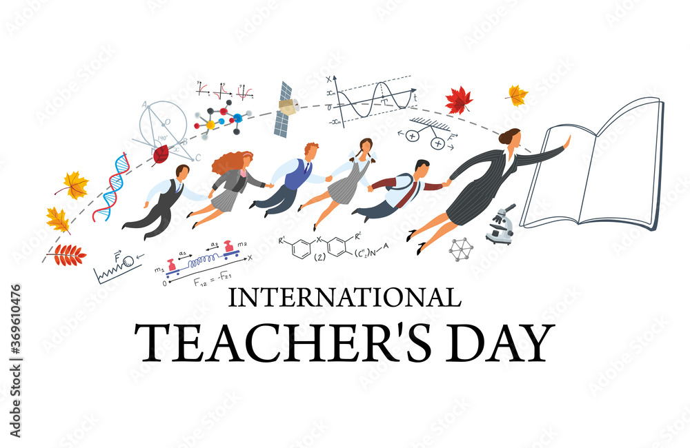 International Teacher's Day. Vector illustration. The teacher flies ...