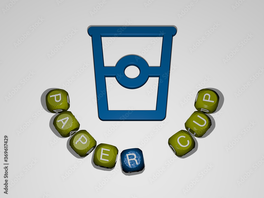 3D illustration of paper cup graphics and text around the icon made by ...