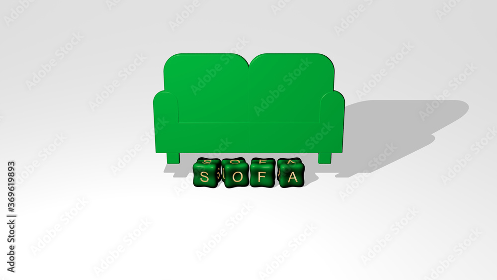 3D illustration of sofa graphics and text made by metallic dice letters ...