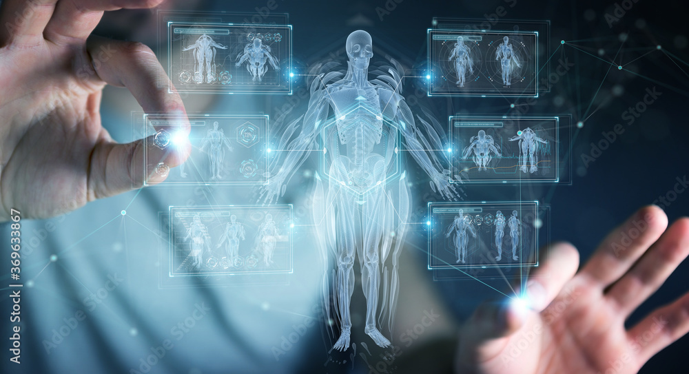 Man using digital x-ray human body holographic scan projection 3D ...