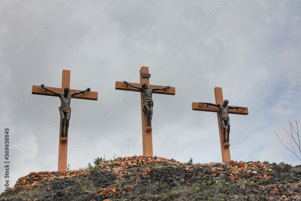 The replica of the crucifixion of Jesus in Golgota during the ...