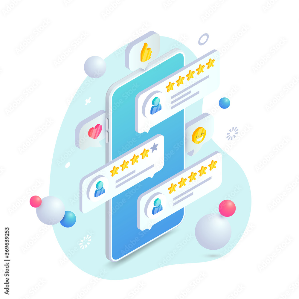 Customer feedback trendy isometric 3d concept. User product review ...