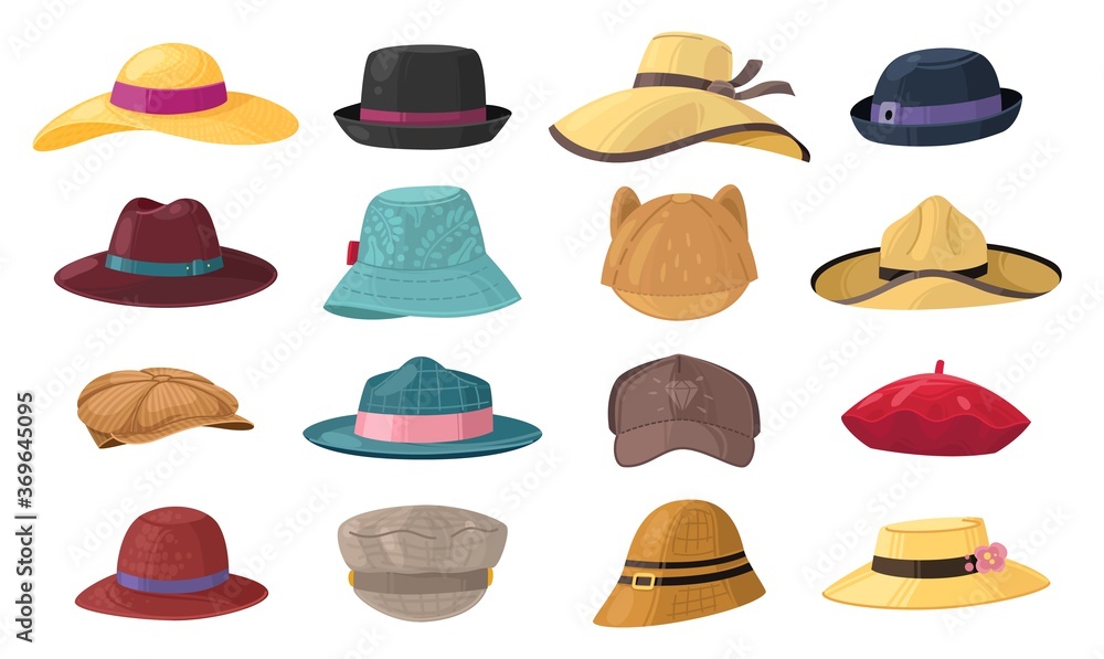 Cartoon hats. Stylish man and woman headwear set, vintage classic and ...