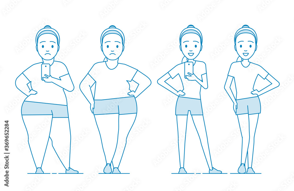 Stages weight loss before and after. Girl in sportswear. Illustration ...