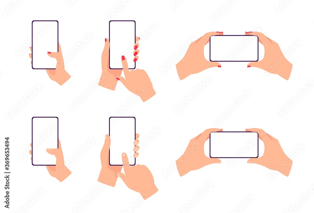 Set Of Hands Holding Mobile Phone With Empty Screen Vector Illustration