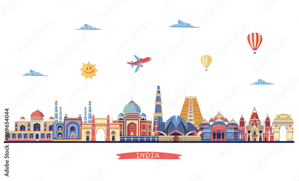India detailed skyline. India famous monuments.. Vector illustration ... India detailed skyline. India famous monuments.. Vector illustration ...