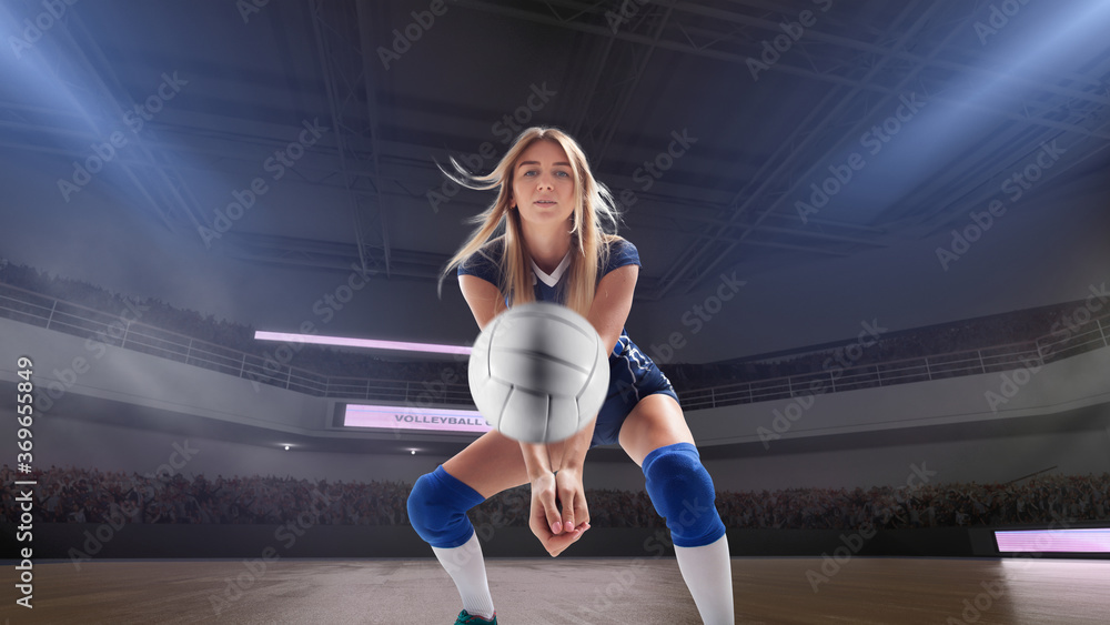 Female professional volleyball players in action on 3d stadium. Stock ...