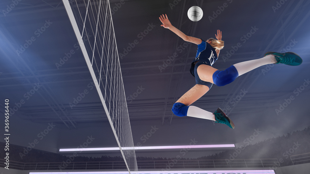 Female professional volleyball players in action on 3d stadium. Stock ...