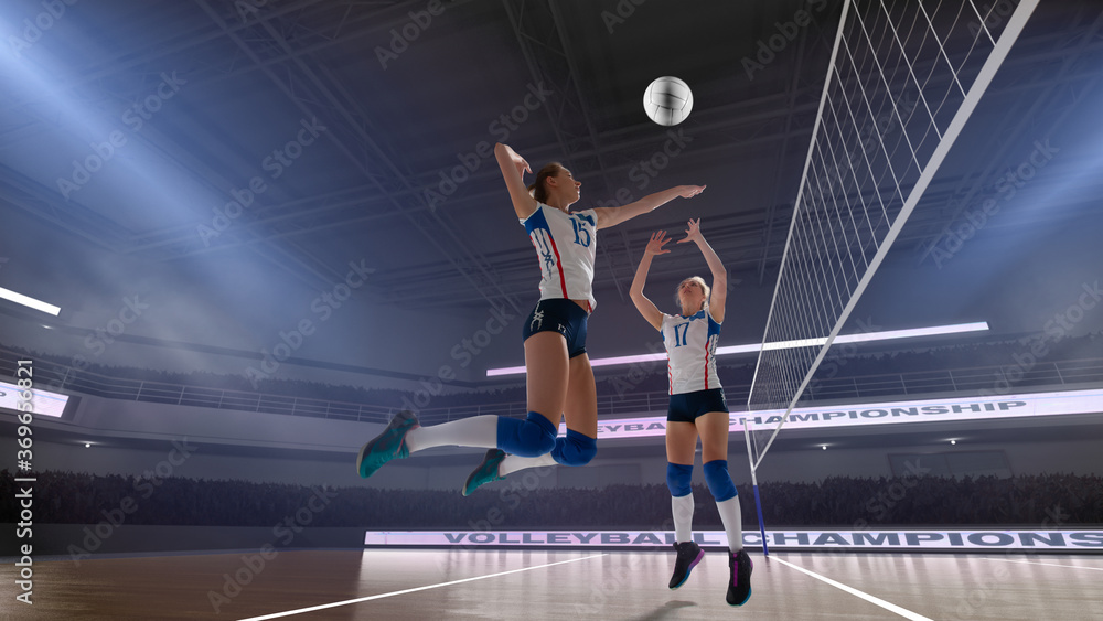 Female professional volleyball players in action on 3d stadium. Stock ...