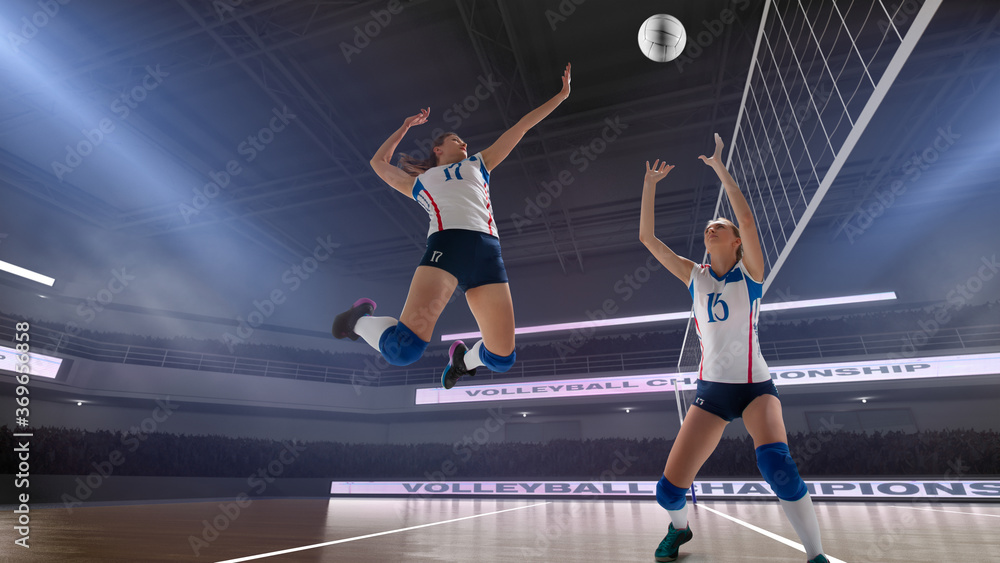 Female professional volleyball players in action on 3d stadium. Stock ...