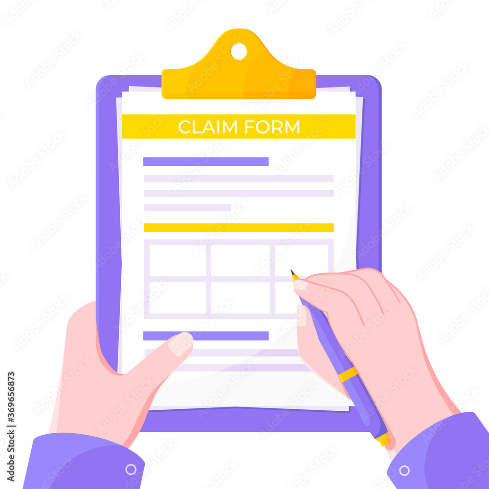 Hand signs clipboard with claim form on it, paper sheets, pen isolated ...
