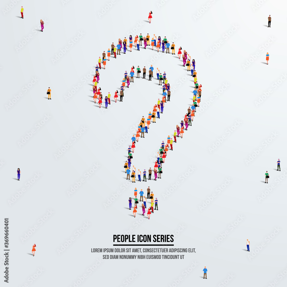 Question mark icon or concept. large group of people form to create ...