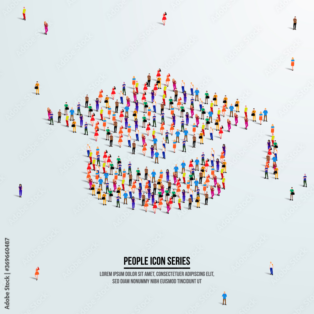 Graduation cap icon or concept. large group of people form to create a ...