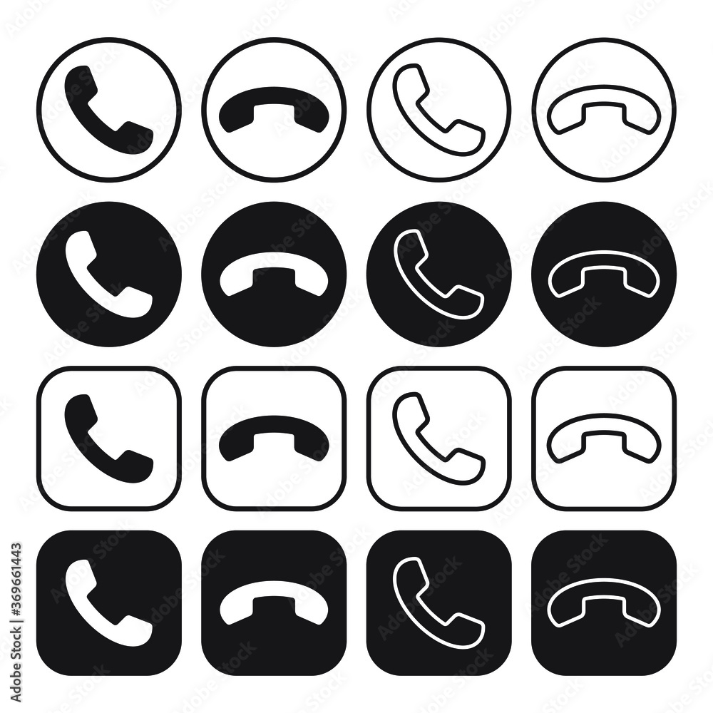 Phone icon set. Call application symbol collection. Black round and ...