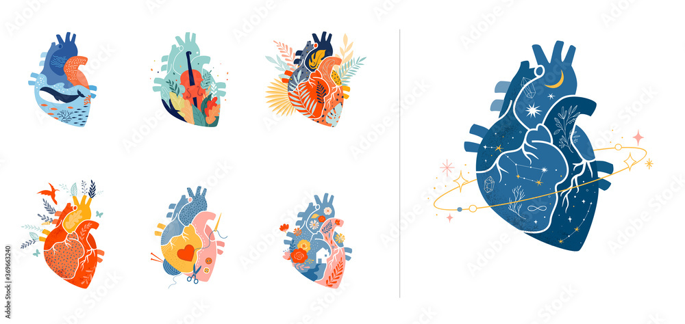Collection of anatomical heart modern print design, art work Stock ...