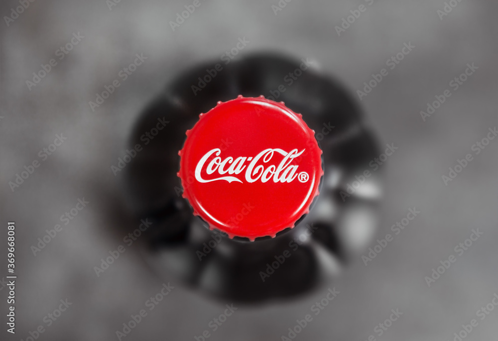 Moscow, Russia-July 9, 2020: Coca-Cola inscription on the red classic ...
