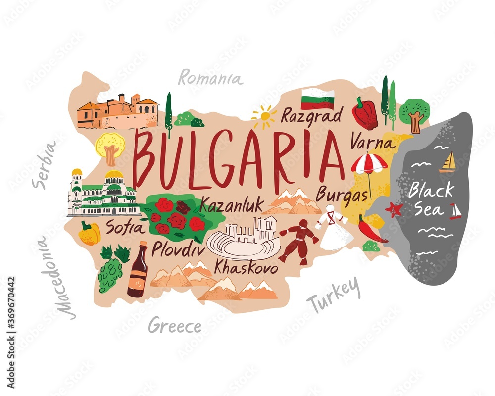 Decorative stylized map of Bulgaria with sights and symbols drawn in a ...