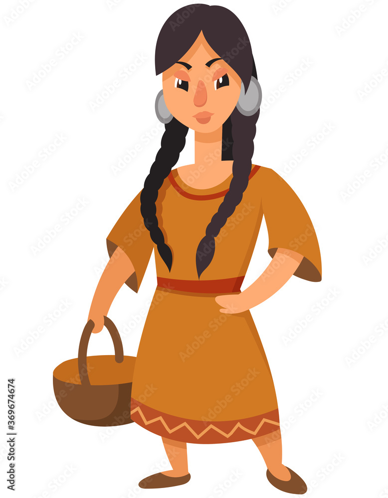 Native american girl holding basket. Female character in cartoon style ...