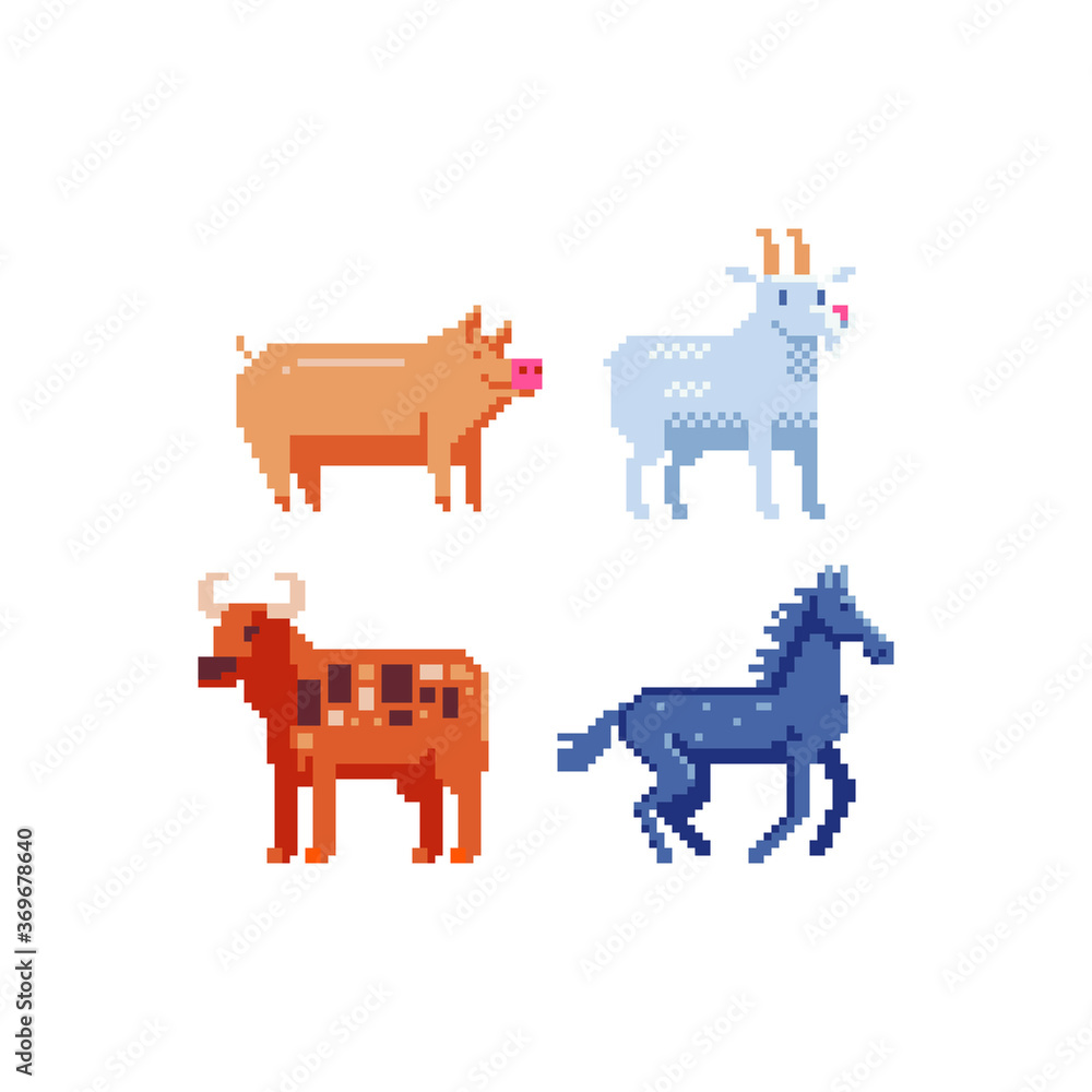 Animals characters pixel art icons set, pig, goat, bull, horse. Design ...