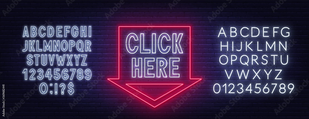 Click here neon sign on brick wall background. White neon alphabets ...