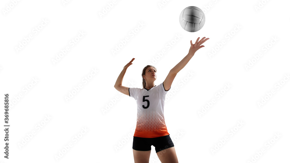 Female professional volleyball players in action on white background ...